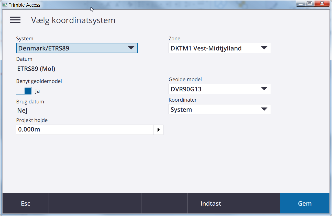 Trimble Access Vælg Koordinatsystem GNSS
